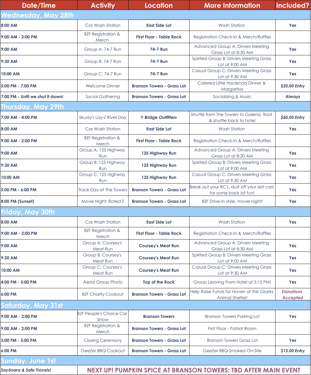 2025 Event Schedule – Branson Z Fest